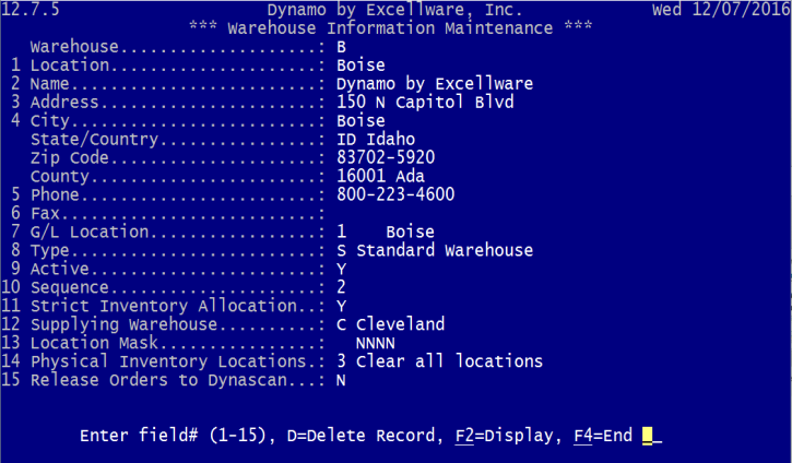 Warehouse Information Maintenance
